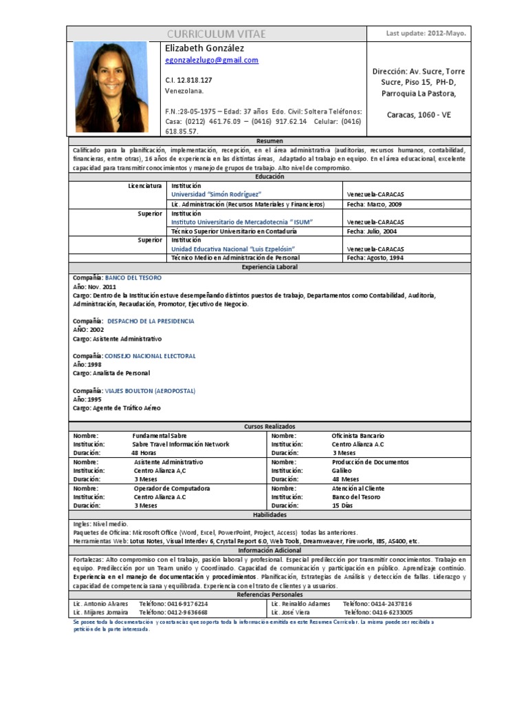 Curriculum Elizabeth - (Actualizado May2012) | PDF | Microsoft Word | Software