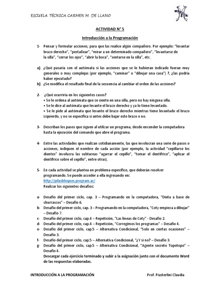 ACTIVIDAD N° 5 Introducción a la Programación | PDF | Informática