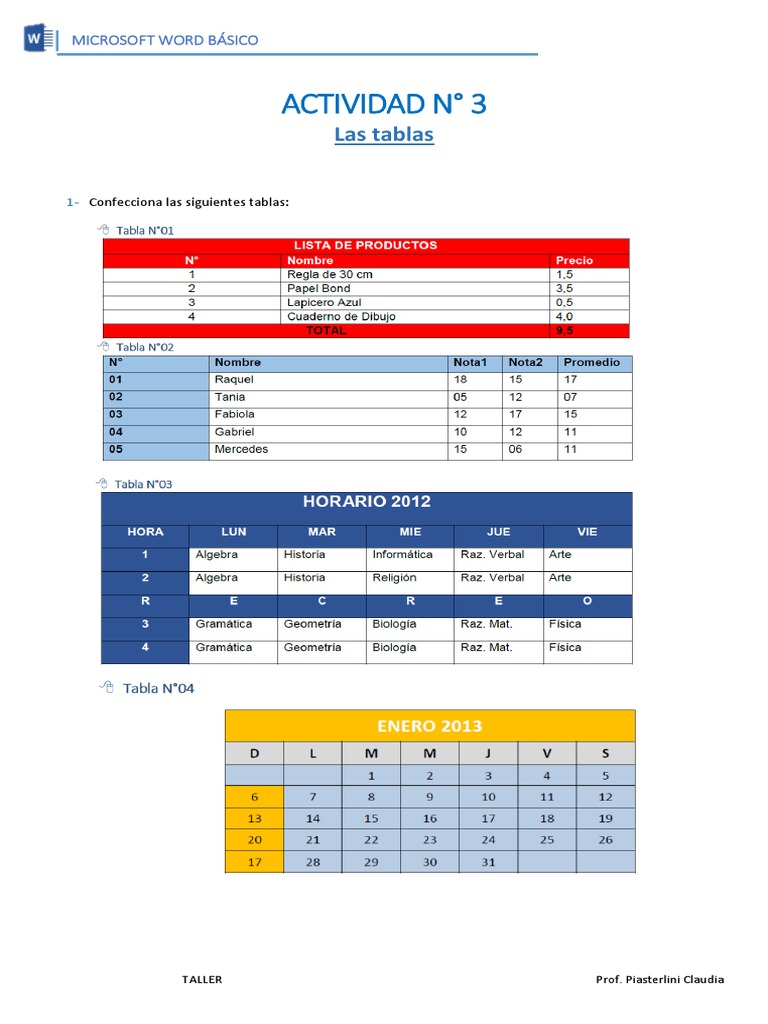 Actividad N 3 Tablas en Word | PDF