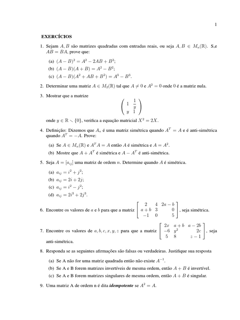 Lista de Exercícios de Algebra Linear | PDF | Matriz (Matemática ...