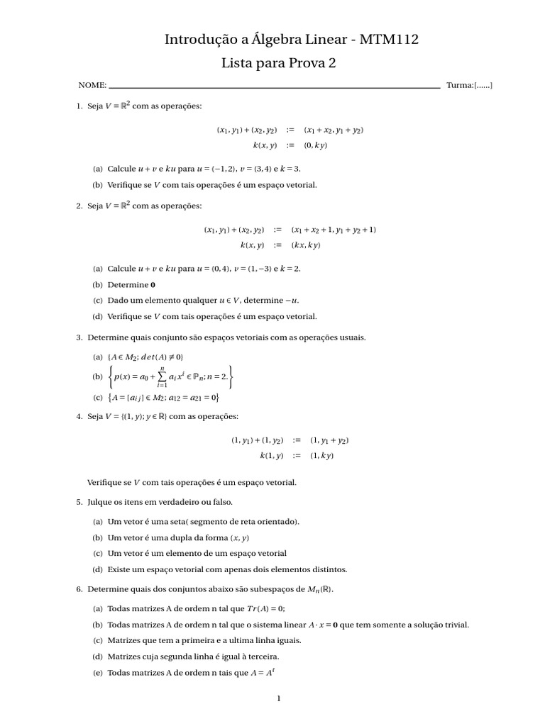 Lista de Exercícios de Álgebra Linear | PDF | Espaço vetorial | Matriz ...