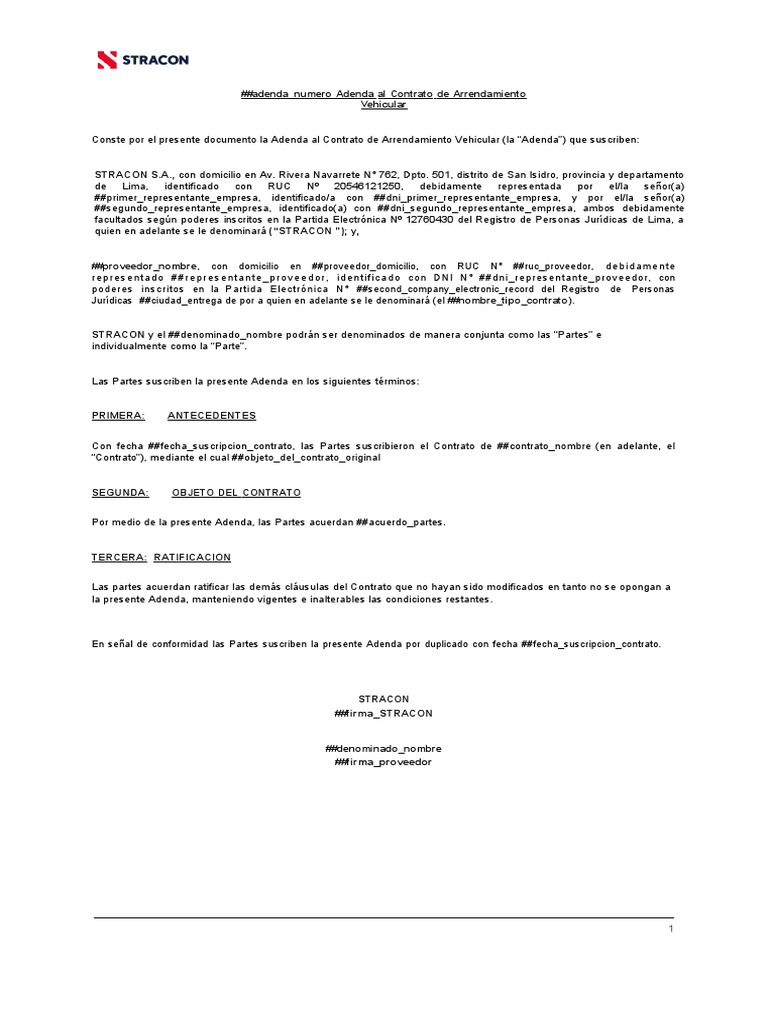 Adenda Al Contrato de Arrendamiento Vehicular (Genérico) | PDF ...