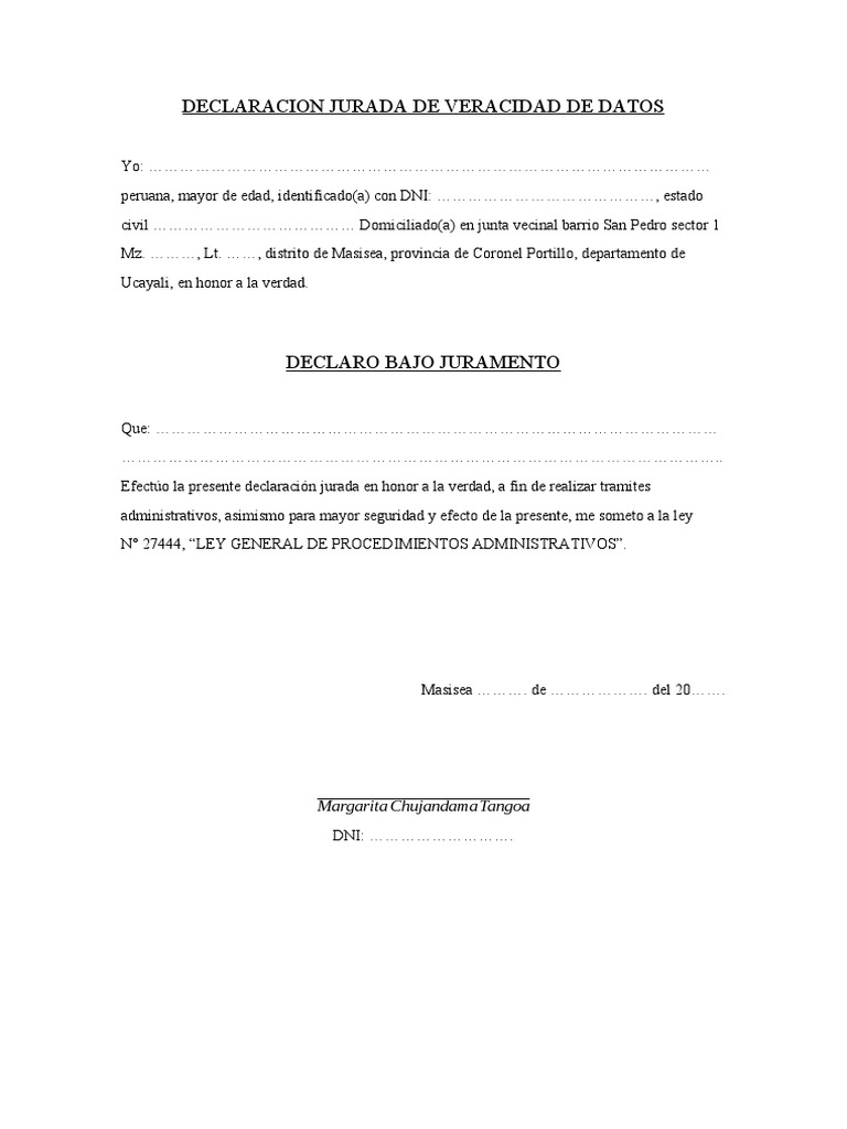 Declaracion Jurada de Veracidad de Datos | PDF