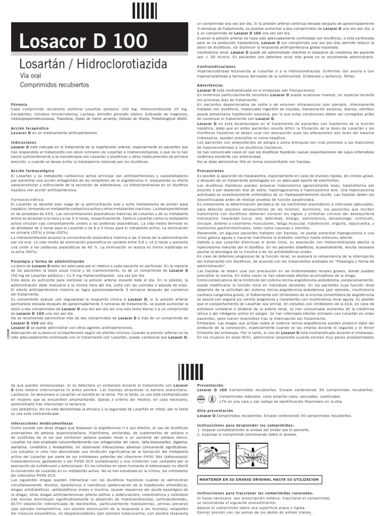 Losacor D 100: Losartán / Hidroclorotiazida | PDF | Tableta (Farmacia ...