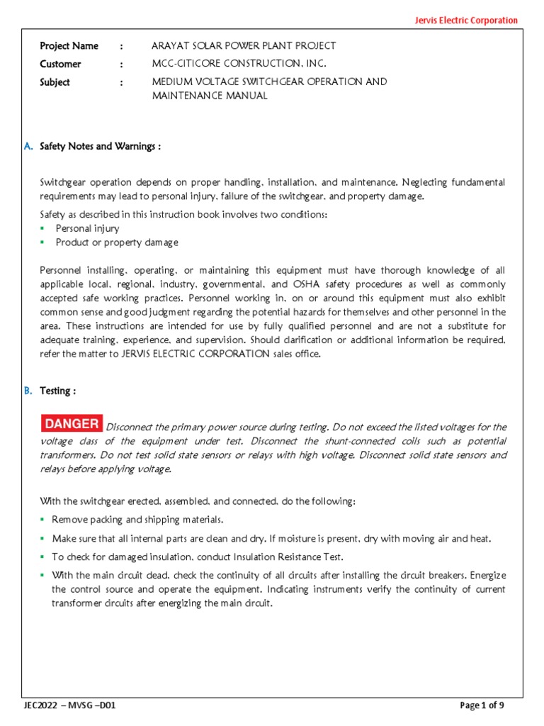 MVSG Operation & Maintenance Manual | PDF | Switch | Relay