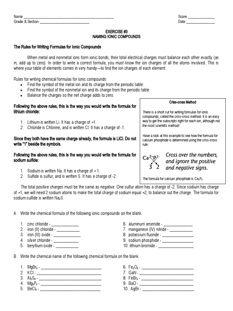 Name Score Grade And Section Date Exercise 3 Naming Ionic
