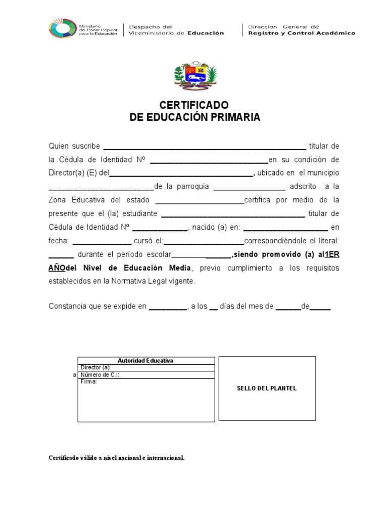CERTIFICADO DE EDUCACIÓN PRIMARIA | PDF