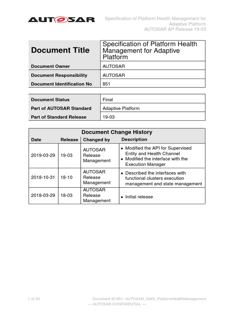 AUTOSAR SWS PlatformHealthManagement | PDF | Specification (Technical ...