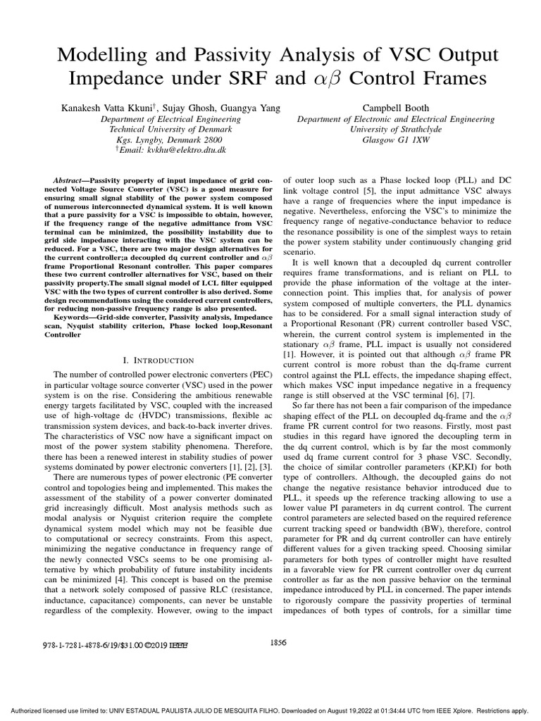 Modelling and Passivity Analysis of VSC Output Impedance Under SRF and Control Frames | PDF ...