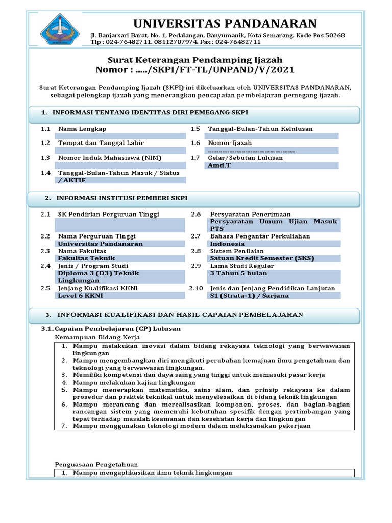 Formulir Skpi Teknik Sipil 2021 | PDF