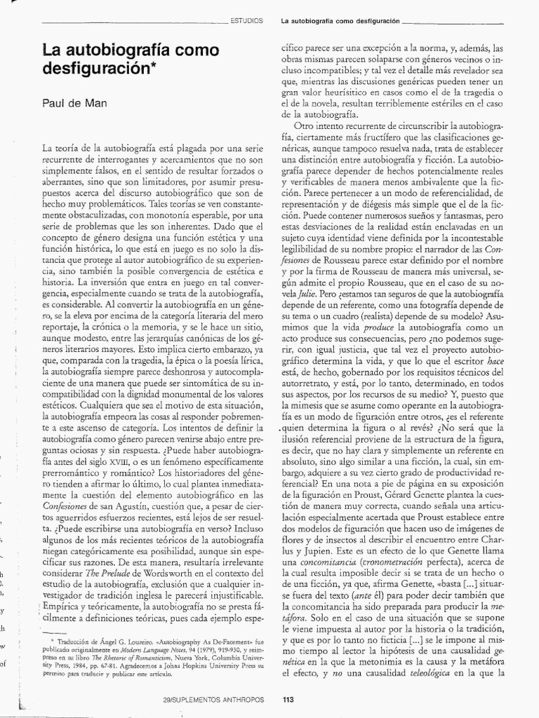 Paul de Man-La Autobiografía Como Desfiguración | PDF
