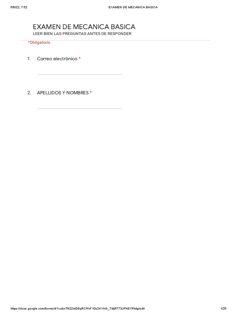 EXAMEN FINAL DE MECANICA BASICA DE 6PM - 9PM - Formularios de Google | PDF | Inyección de ...