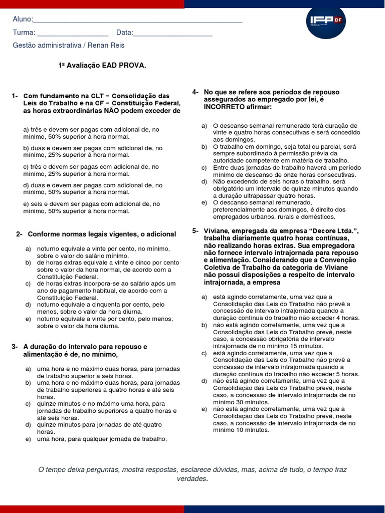 Cópia de 1º Prova EAD | PDF | Expediente | Hora extra