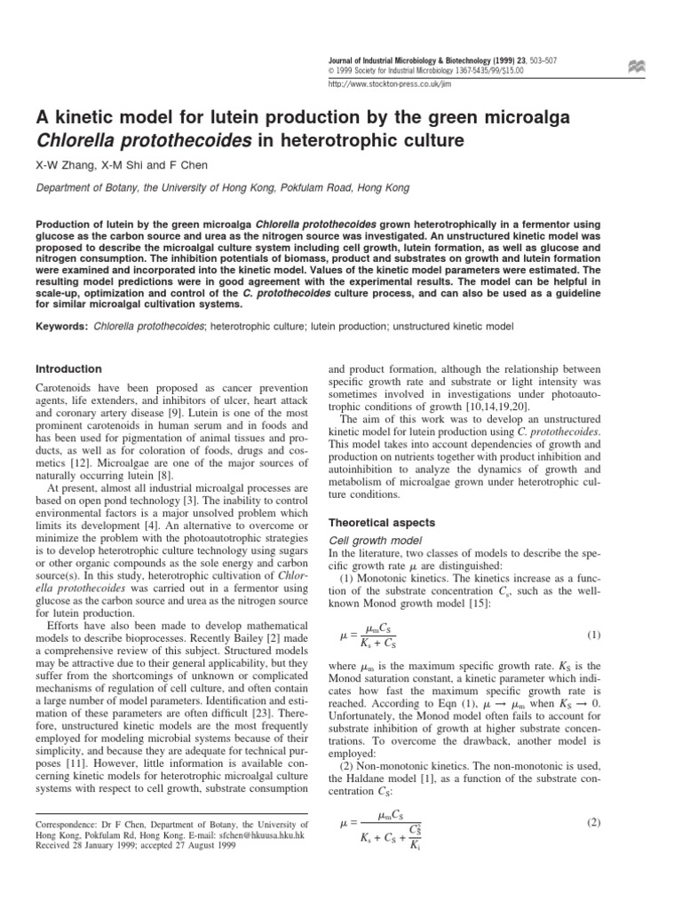 A Kinetic Model For Lutein Production by The Green Microalga Chlorella Protothecoides in ...