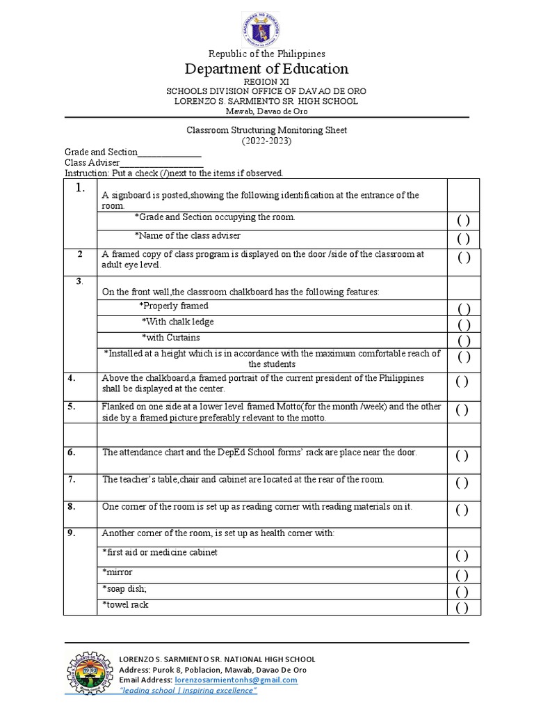 Classroom Structuring Monitoring Sheet | PDF | Classroom