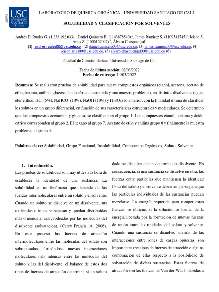 Solubilidad y Clasificación Por Solventes | PDF | Polaridad química ...
