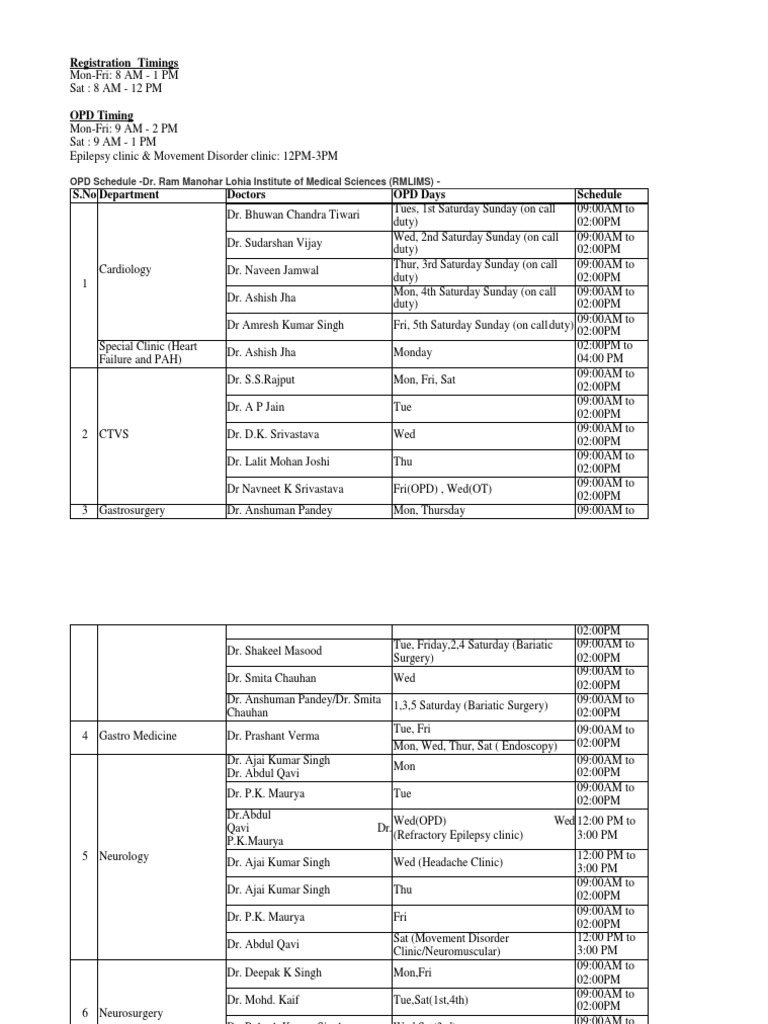 Registration Timings: OPD Schedule - Dr. Ram Manohar Lohia Institute of ...