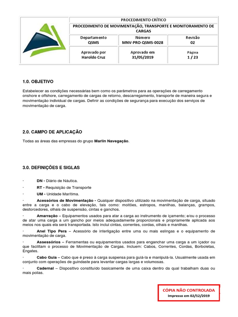 NR 11 - Procedimento de Movimentacao Transporte e Monitoramento de Cargas | PDF | Guindaste ...