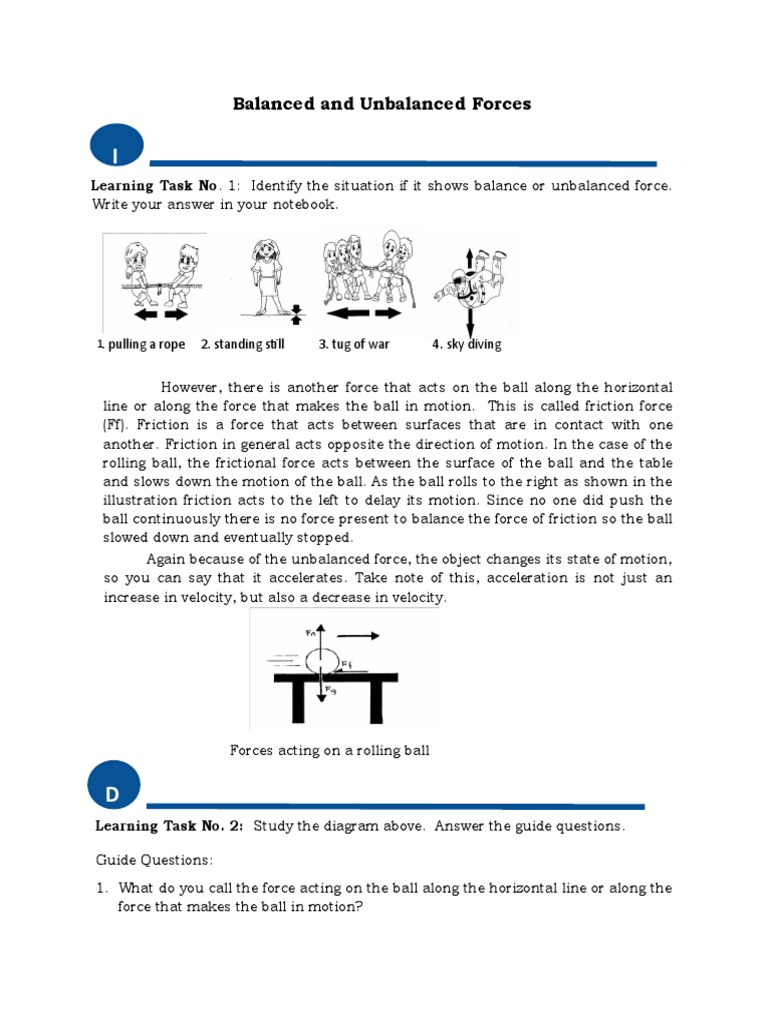 Balanced and Unbalanced Forces: Learning Task No. 1: Identify The ...