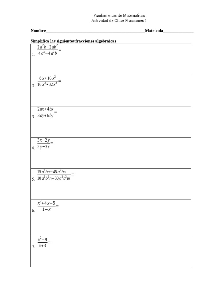 Actividad de Clase Fracciones Alg 1 | PDF