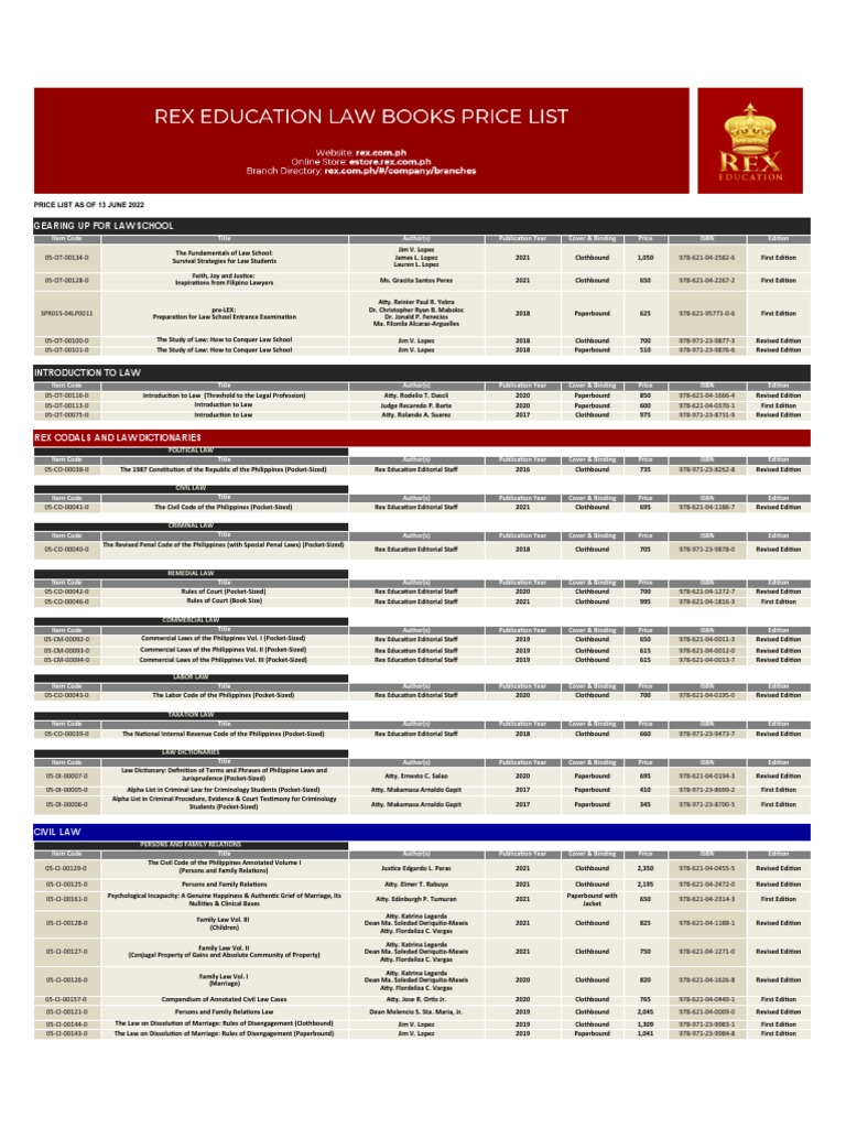 Rex Education REX Book Store Law Books Pricelist As of 13 June 2022 ...