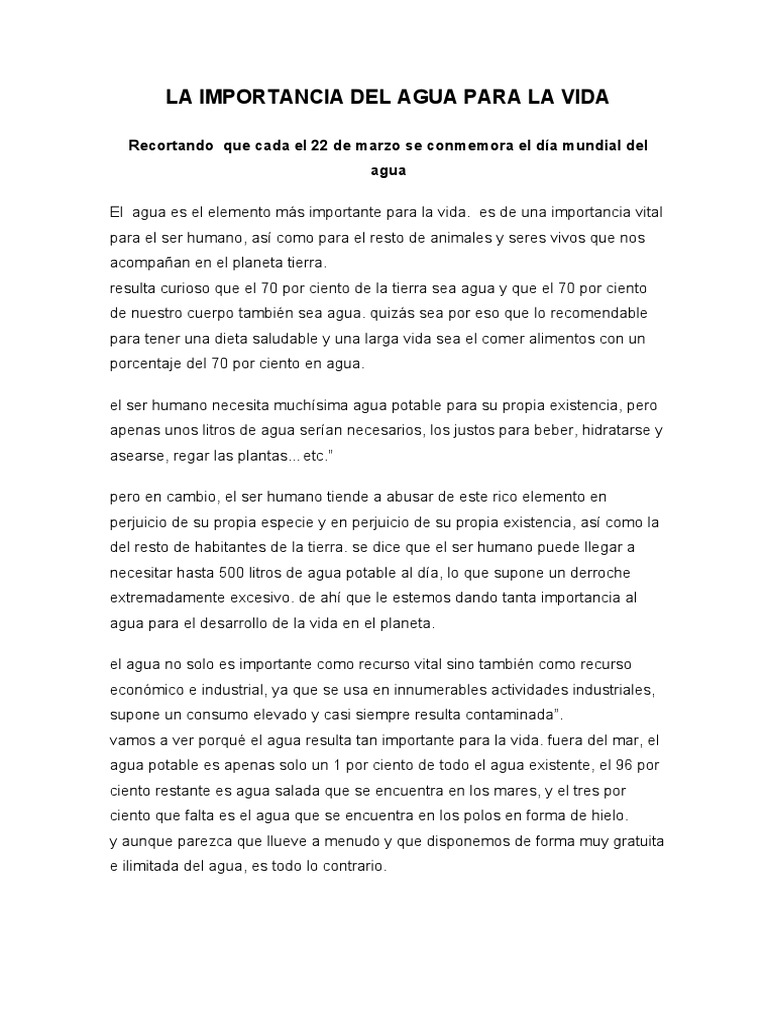La Importancia Del Agua para La Vida | PDF | Agua | Propiedades del agua