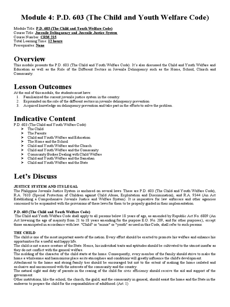Module 4: P.D. 603 (The Child and Youth Welfare Code) : Justice System ...
