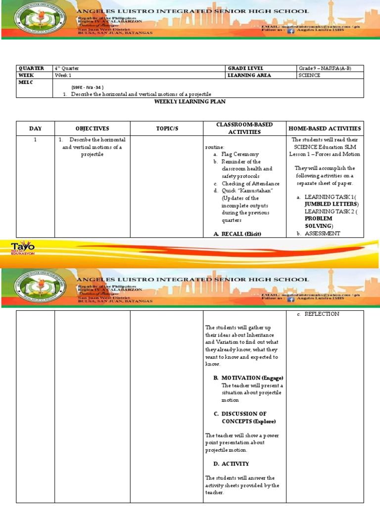 4 Quarter Grade 9 - NARRA (A-B) Week 1 Science: Weekly Learning Plan | PDF | Teachers | Learning