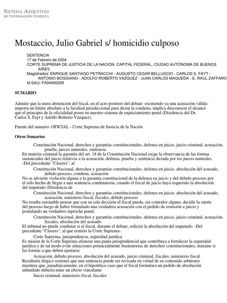 Mostaccio, Julio Gabriel S - Homicidio Culposo | PDF | Debido al ...