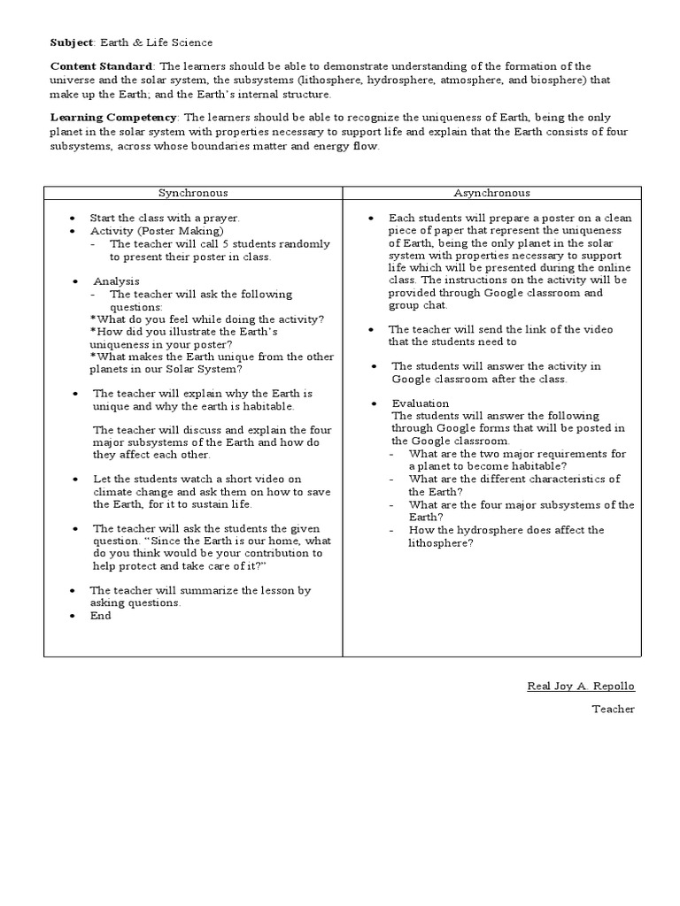 Subject: Earth & Life Science Content Standard: The Learners Should Be ...