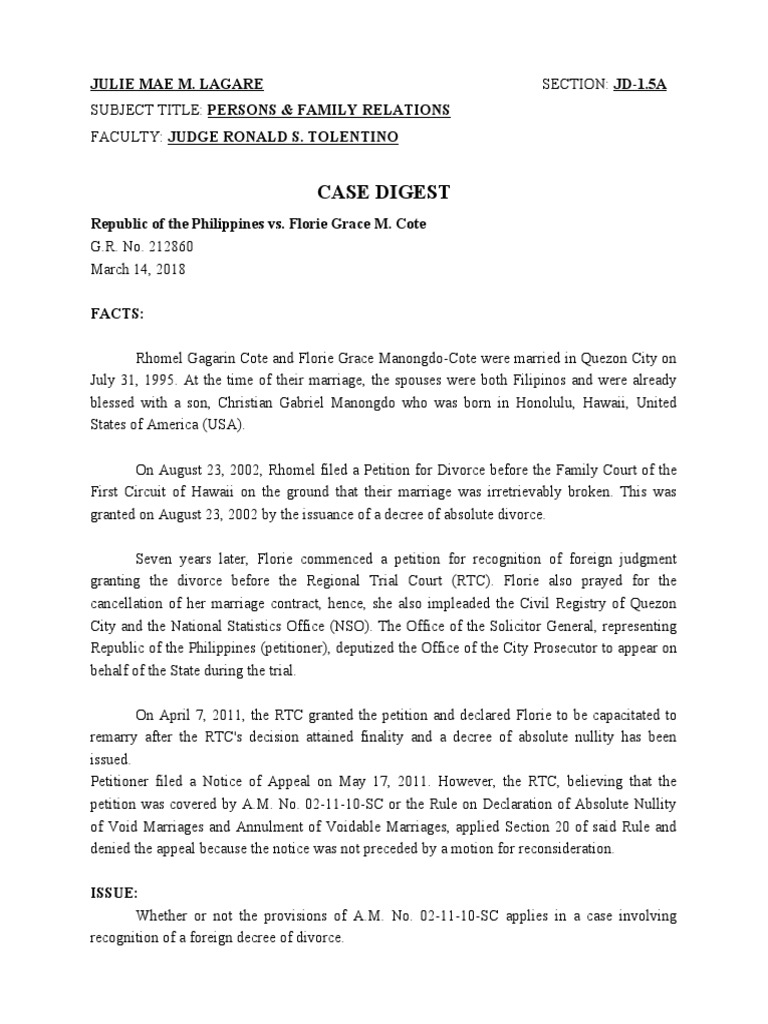 Republic vs. Florie Grace Cote-Case Digest | PDF | Annulment | Marriage