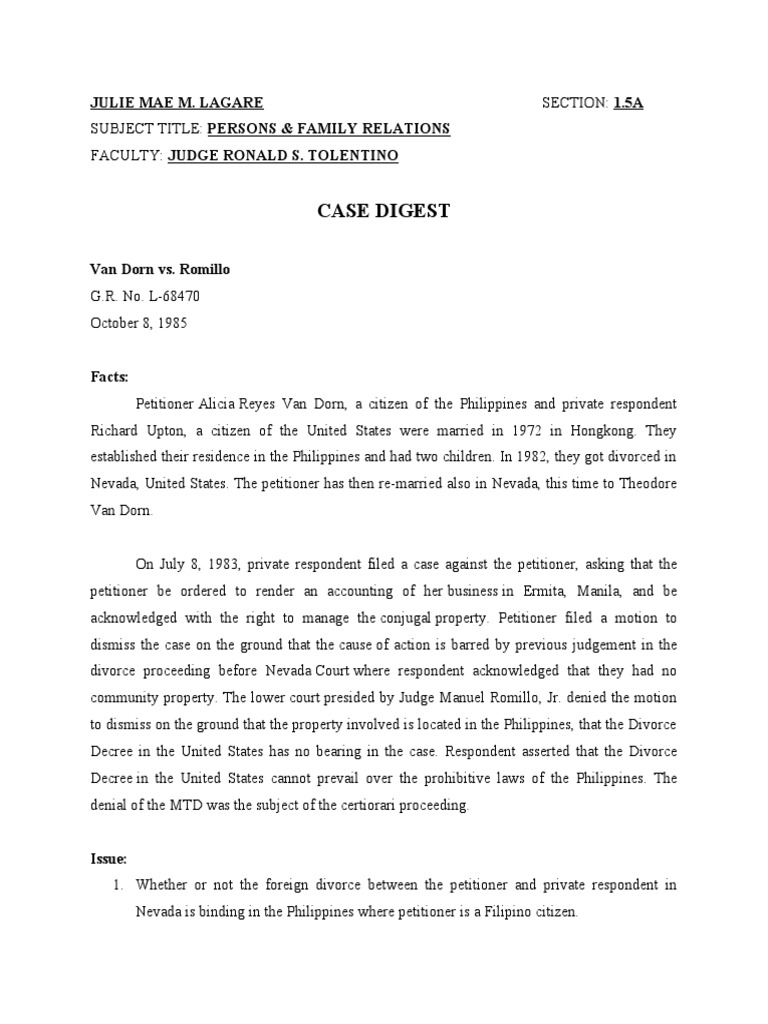 Case Digest-Van Dorn v. Romillo, JR | PDF | Divorce | Standing (Law)