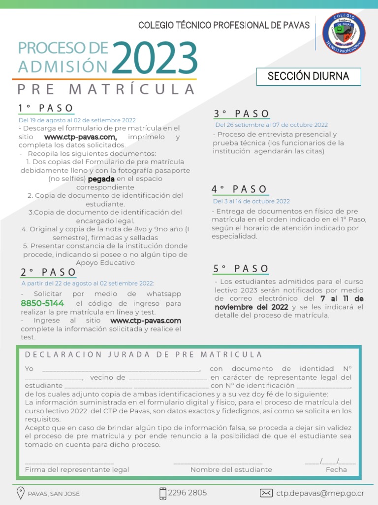 Proceso de Admisión CTP Pavas 2023 | PDF