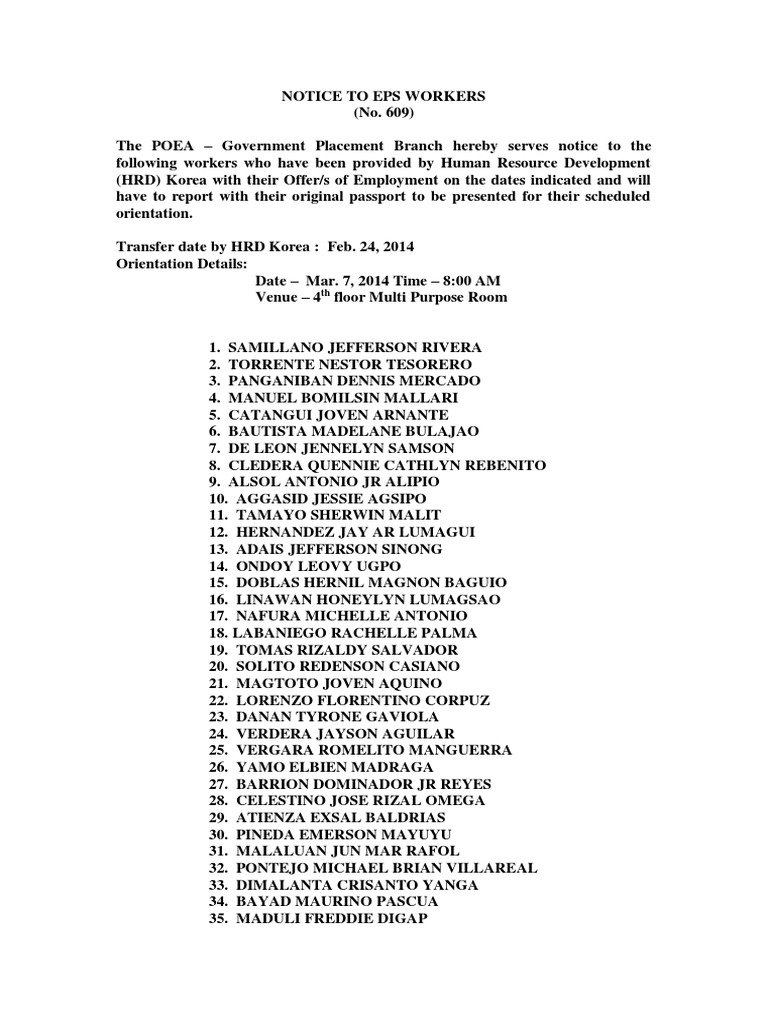 Notice To Eps Workers 609 | PDF
