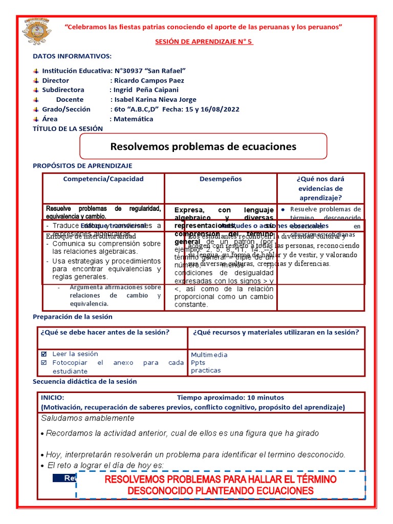 6to Grado Matemática 15,16 Agosto | PDF | Ecuaciones | Aprendizaje