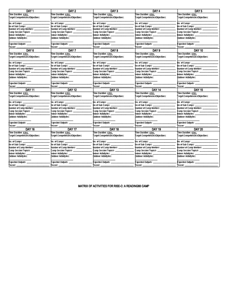 Matrix of Activities For RISE-C - A Reading Camp | PDF