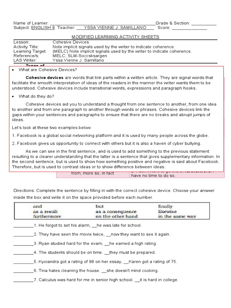 Types of Cohesive Devices Examples Sentences Cohesive Devices Are Words ...