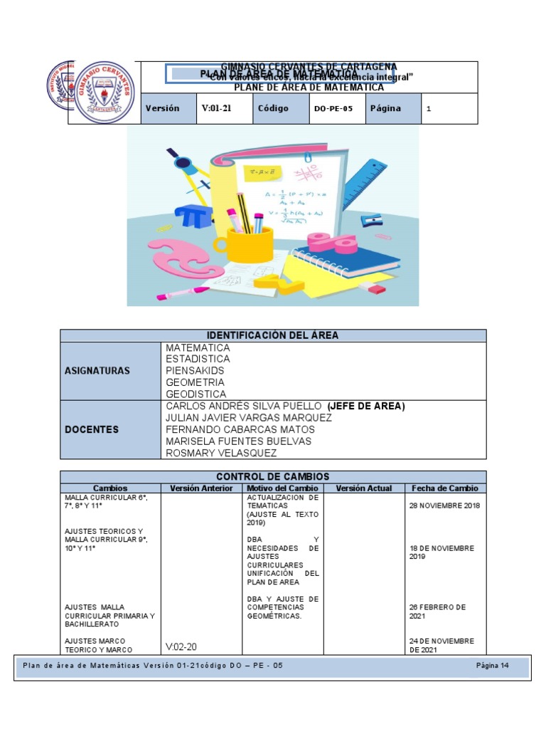 Plan de Area Matematicas 2021 2022 | PDF | Aprendizaje | Matemáticas