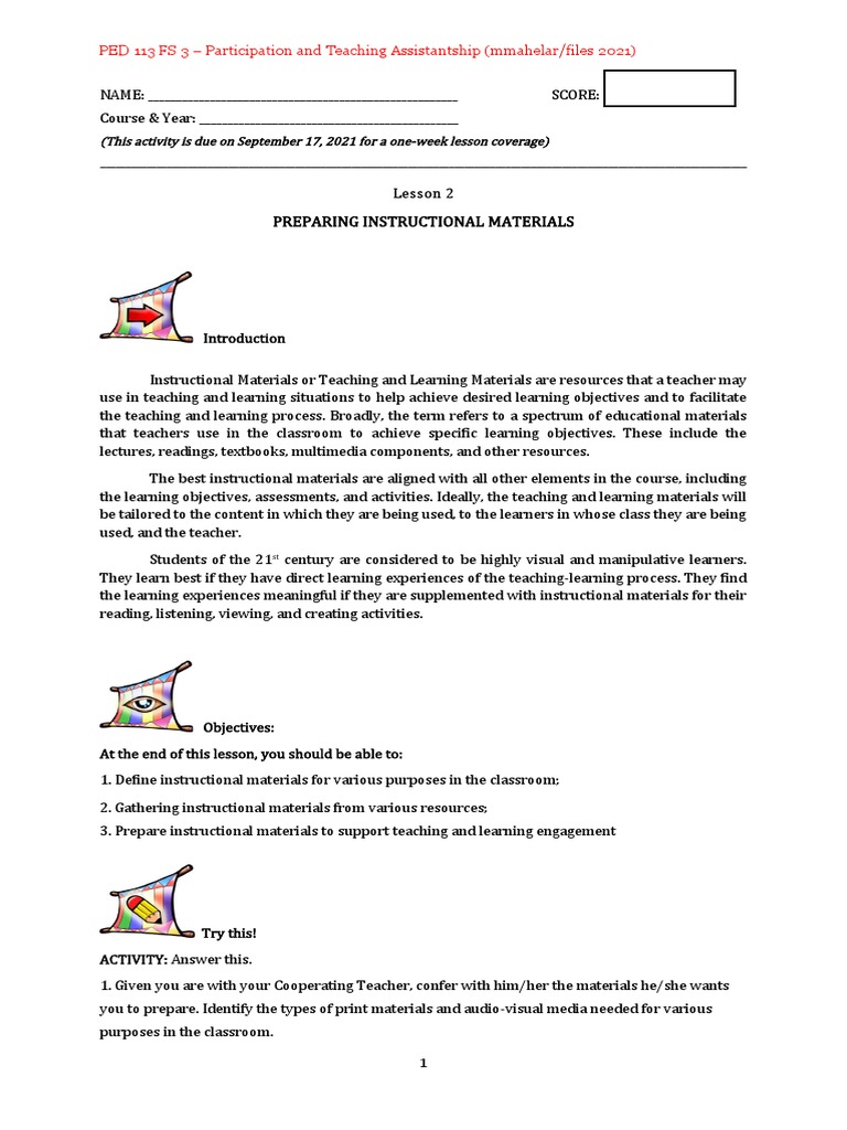 Lesson 2 Preparing Instructional Materials: PED 113 FS 3 - Participation and Teaching ...