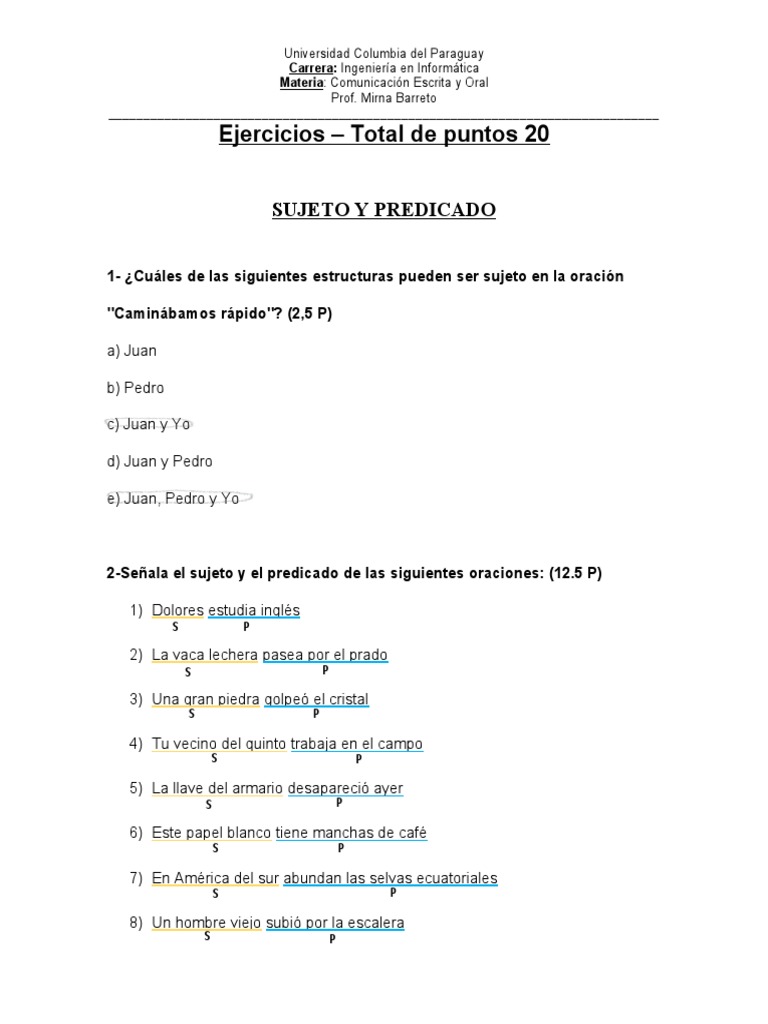 Hojas De Trabajo Para Identificar Sujetos Y Predicados