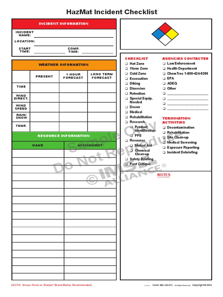 Sample Only Do Not Reproduce: Hazmat Incident Checklist | PDF | Working ...