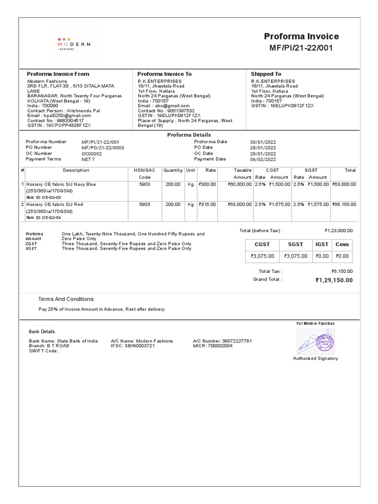 Proforma Invoice - MF - PI - 21-22 - 001 - 2022-01-30 | PDF | Government | Economy Of Asia