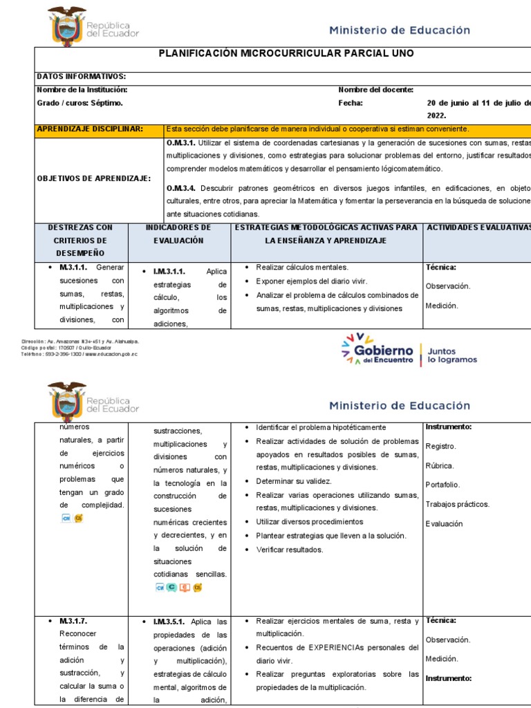 Planificación Matemática Séptimo Grado | PDF | Aprendizaje | Evaluación