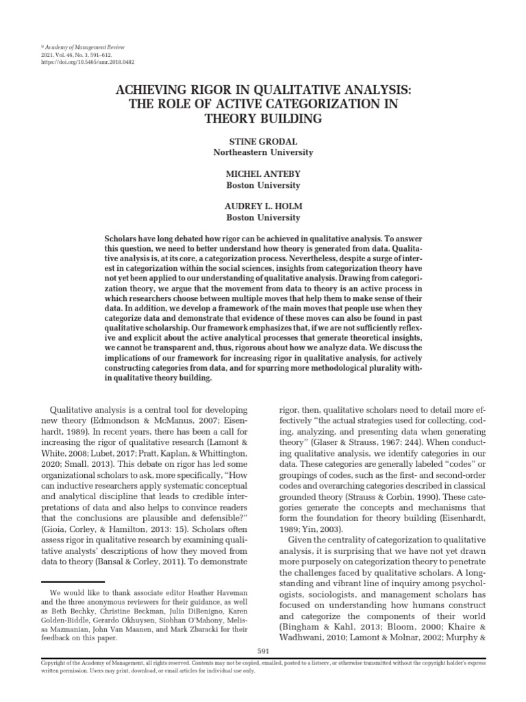 Rigor in Qualitative Analysis, Active Categorization in Theory Building ...