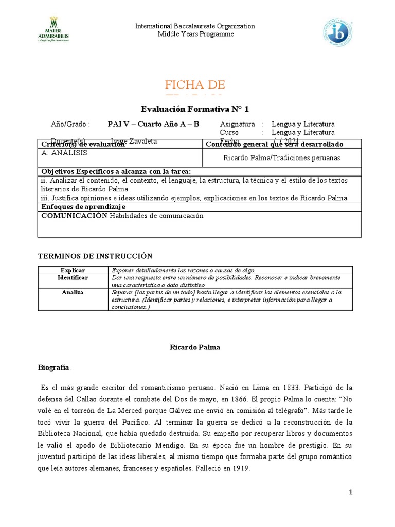 Ficha de Trabajo PAI 2021 Ricardo Palma | PDF | Narración