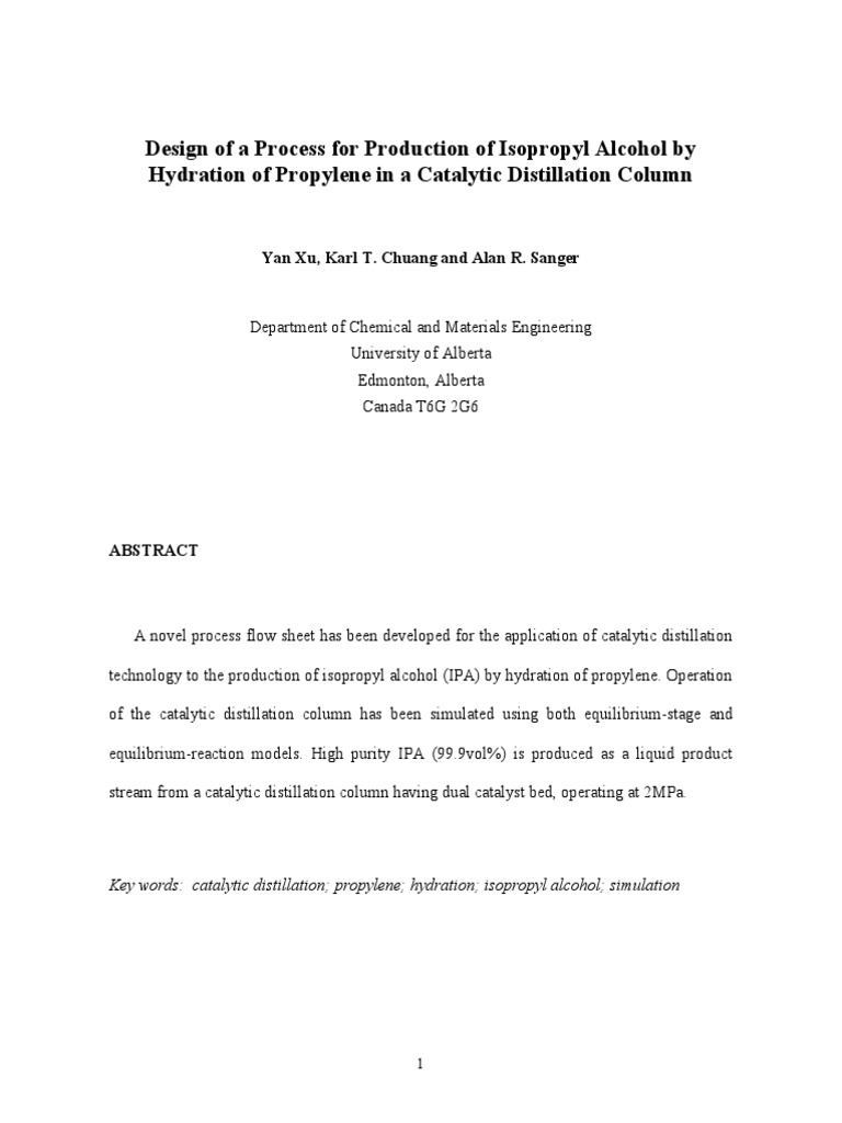 Catalytic Distillation for IPA Production | PDF | Distillation | Ethanol