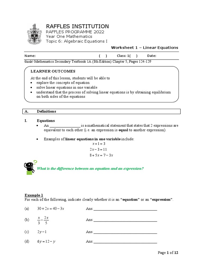 01 Linear Equations | PDF | Equations | Mathematical Concepts 01 Linear Equations | PDF | Equations | Mathematical Concepts