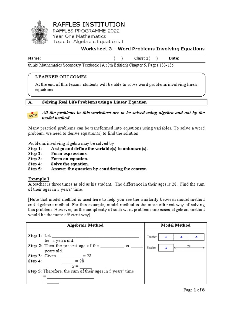 03 Word Problems Involving Linear Equations | PDF | Equations | Algebra