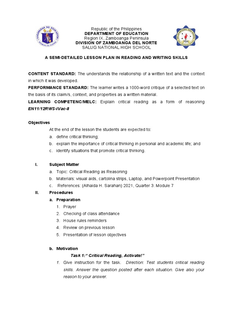 Critical Reading as Reasoning Lesson Plan | PDF | Critical Thinking ...