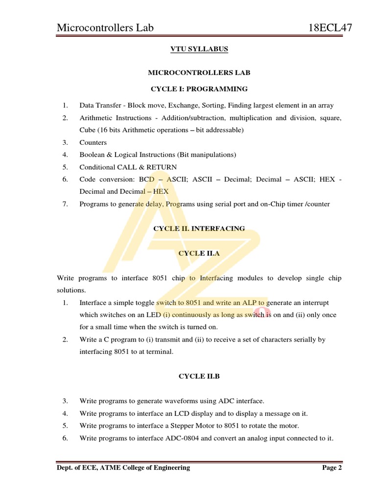 Microcontrollers Lab 18ECL47: Vtu Syllabus | PDF | Subtraction | Computer Program